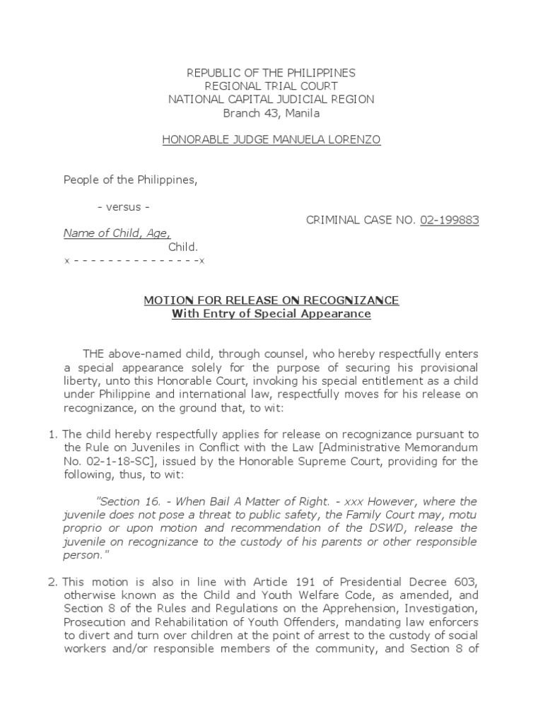 Motion For Release On Recognizance | PDF | Arrest | Detention ...