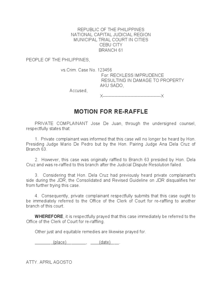 Motion For Re-Raffle | PDF | Justice | Crime & Violence