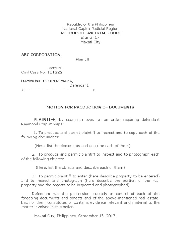 Motion For Production of Documents | Download Free PDF | Legal ...