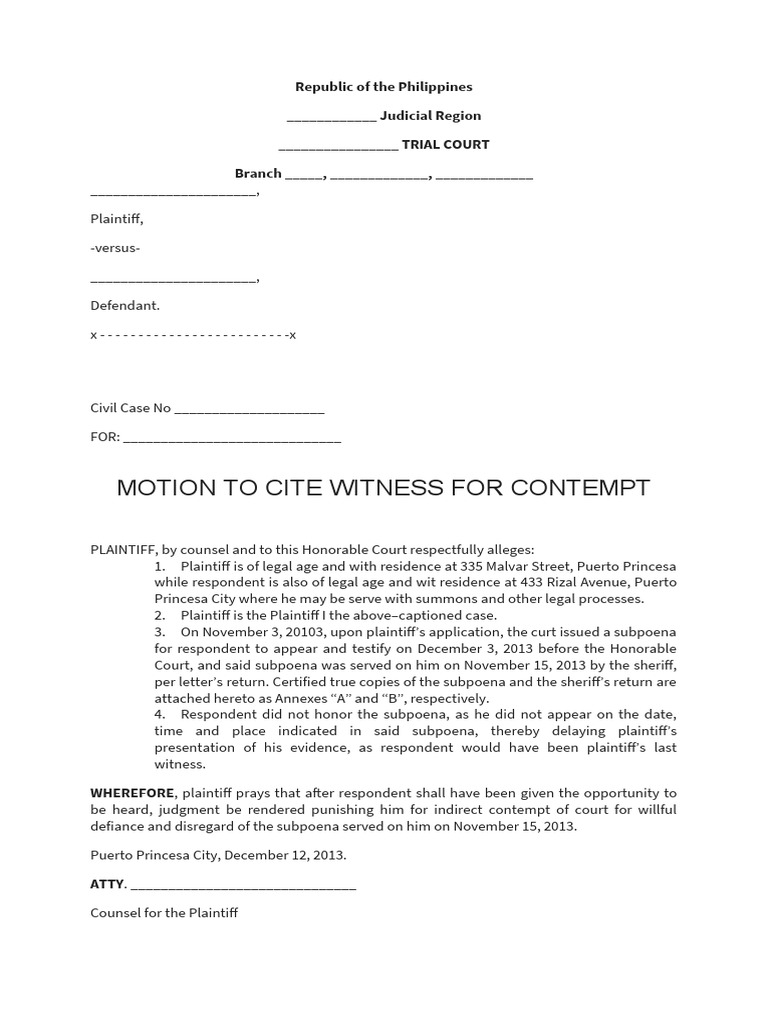 Motion To Cite Witness For Contempt | PDF | Contempt Of Court | Lawsuit