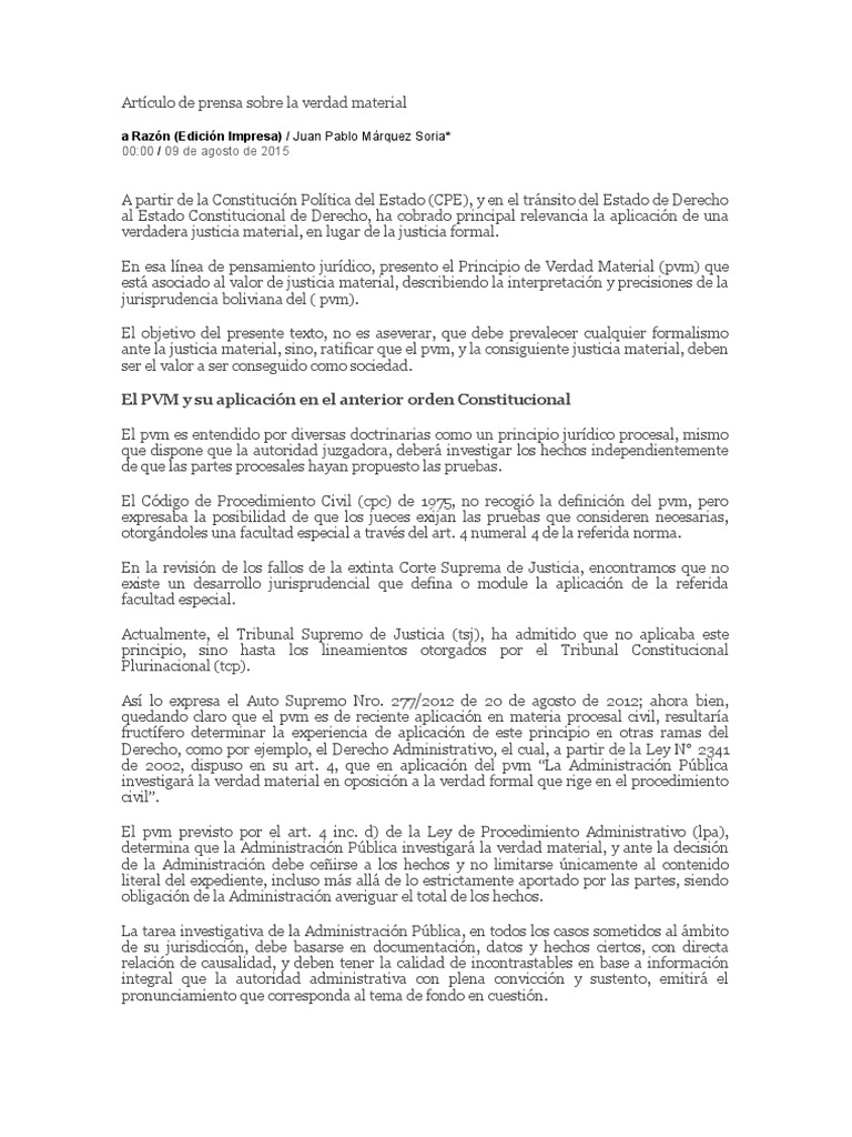Artículo de Prensa Sobre La Verdad Material | PDF | Caso de ley | Debido al proceso