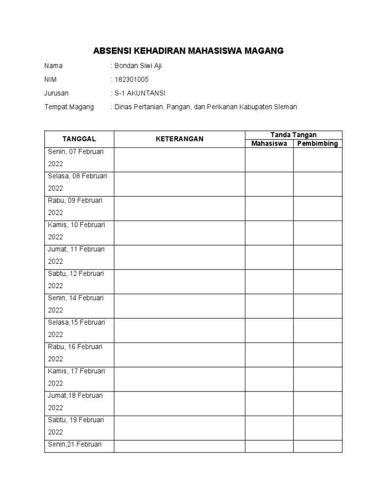 Absensi Kehadiran Mahasiswa Magang Bondan | PDF