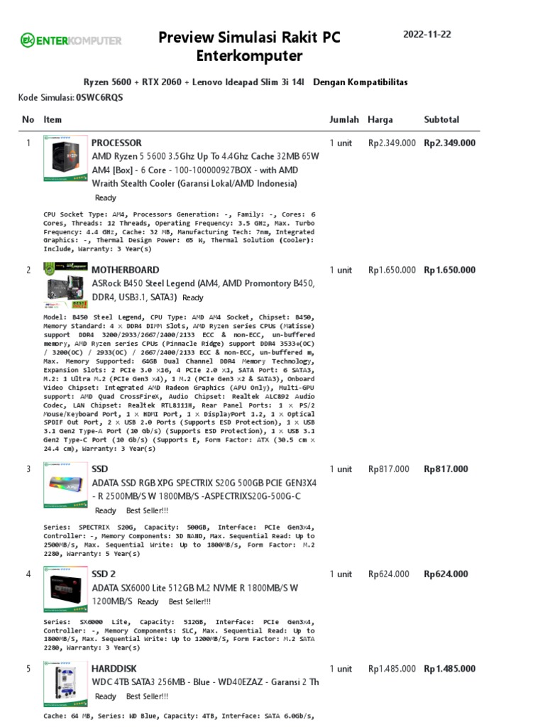 Simulasi Ryzen 5600 + RTX 2060 + Lenovo Ideapad Slim 3i 14I - Enterkomputer Jual Beli Online ...