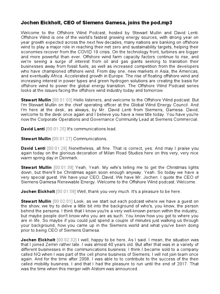 Jochen Eickholt CEO of Siemens Gamesa Joins The Pod | PDF | Offshore ...