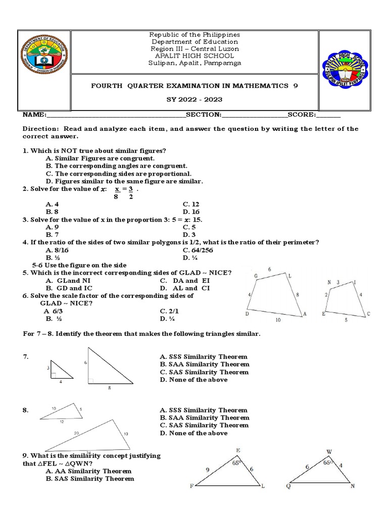 Fourth PERIODIC TEST Math 9 - 2022 2023 | Download Free PDF ...