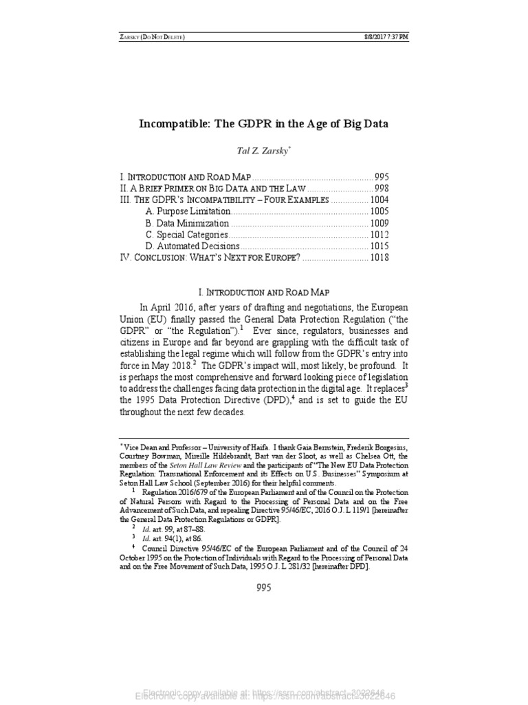 Incompatible The GDPR in The Age of Big Data | PDF | Big Data | Data ...