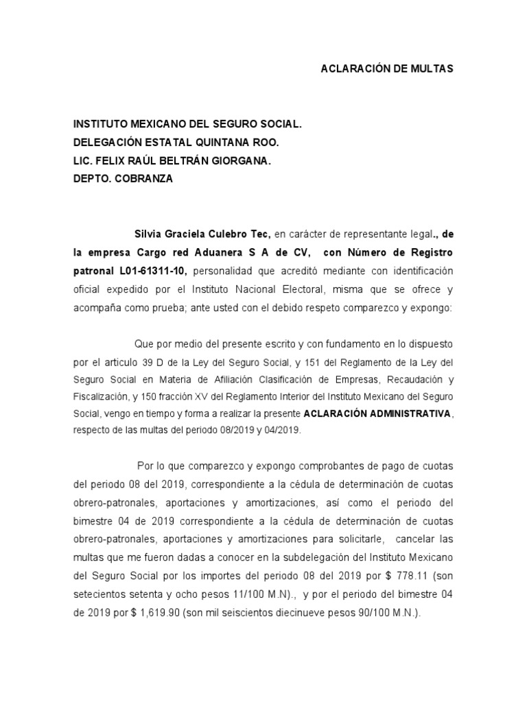 Escrito de aclaracion de multas IMSS | PDF | Gobierno