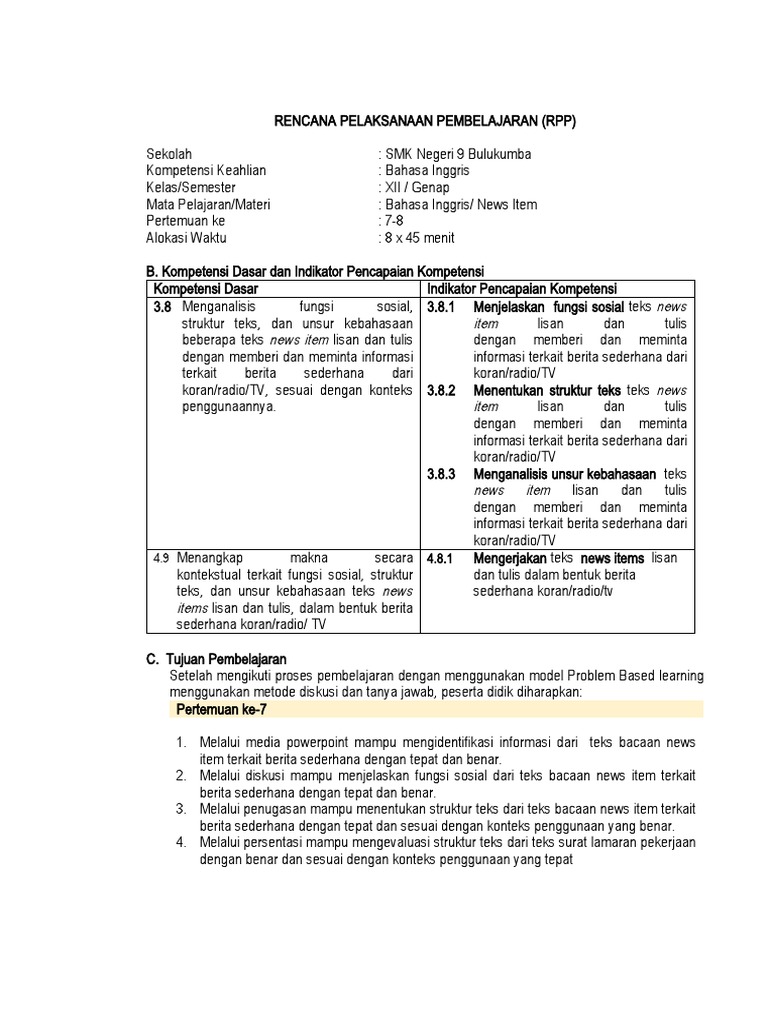 RPP 3.7 PBL - News Item | PDF | Sains & Matematika