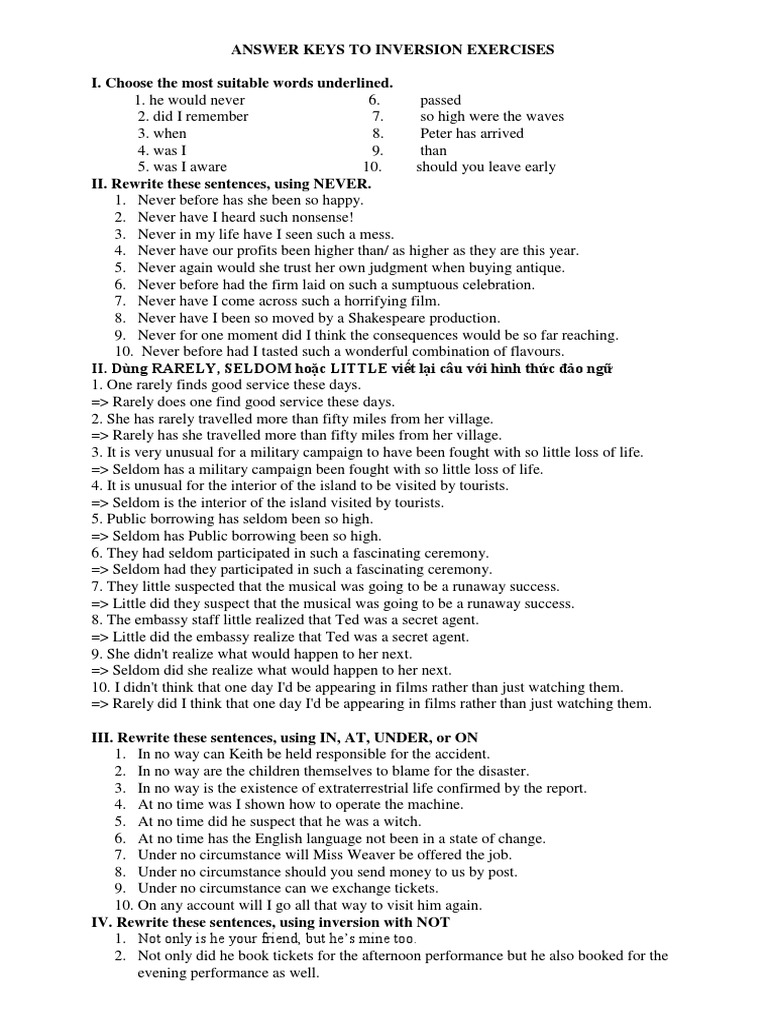 Inversion Exercises Answer Key | PDF