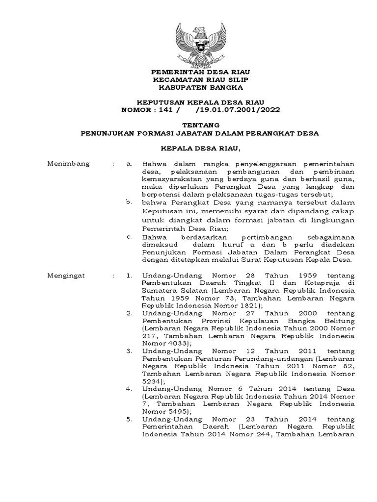 SK Penunjukan Formasi Jabatan DLM Perangkat Desa 2021 | PDF