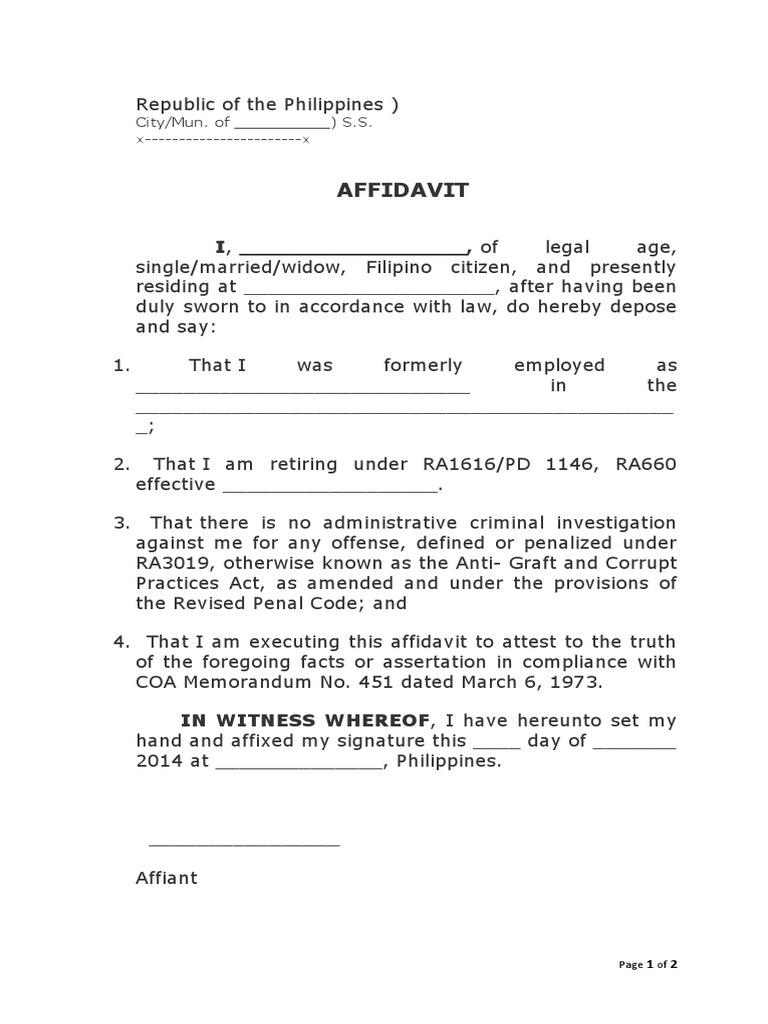 Affidavit Of No Pending Criminal Investigation Or Prosecution Pdf