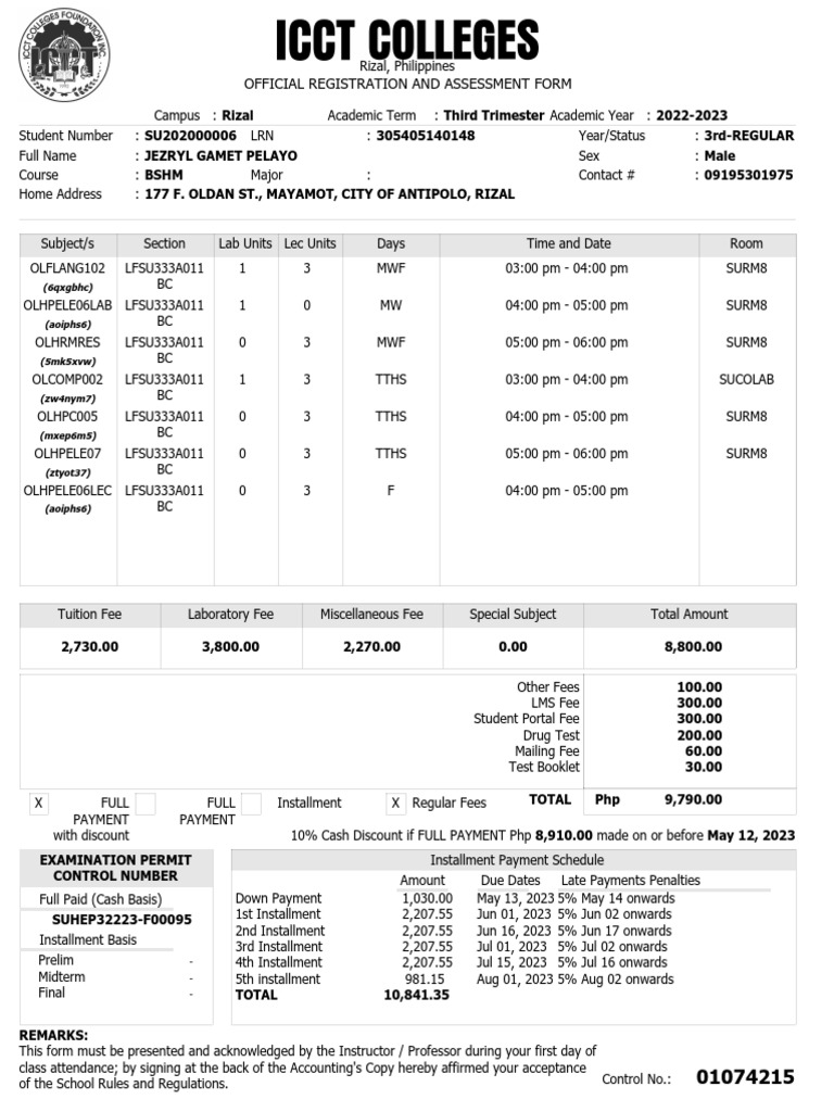 Official Registration and Assessment Form | PDF | Business | Money
