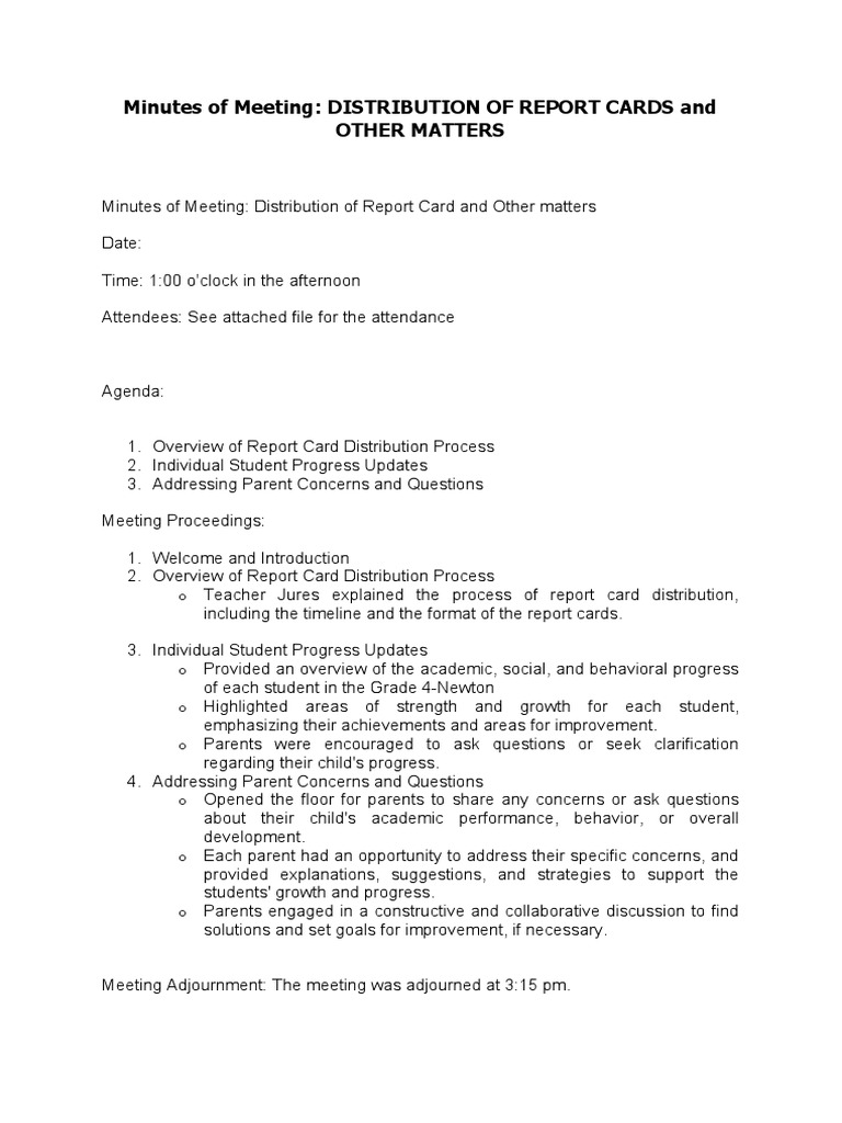 Minutes of Meeting - Distribution of Report Cards To Print Jures | PDF