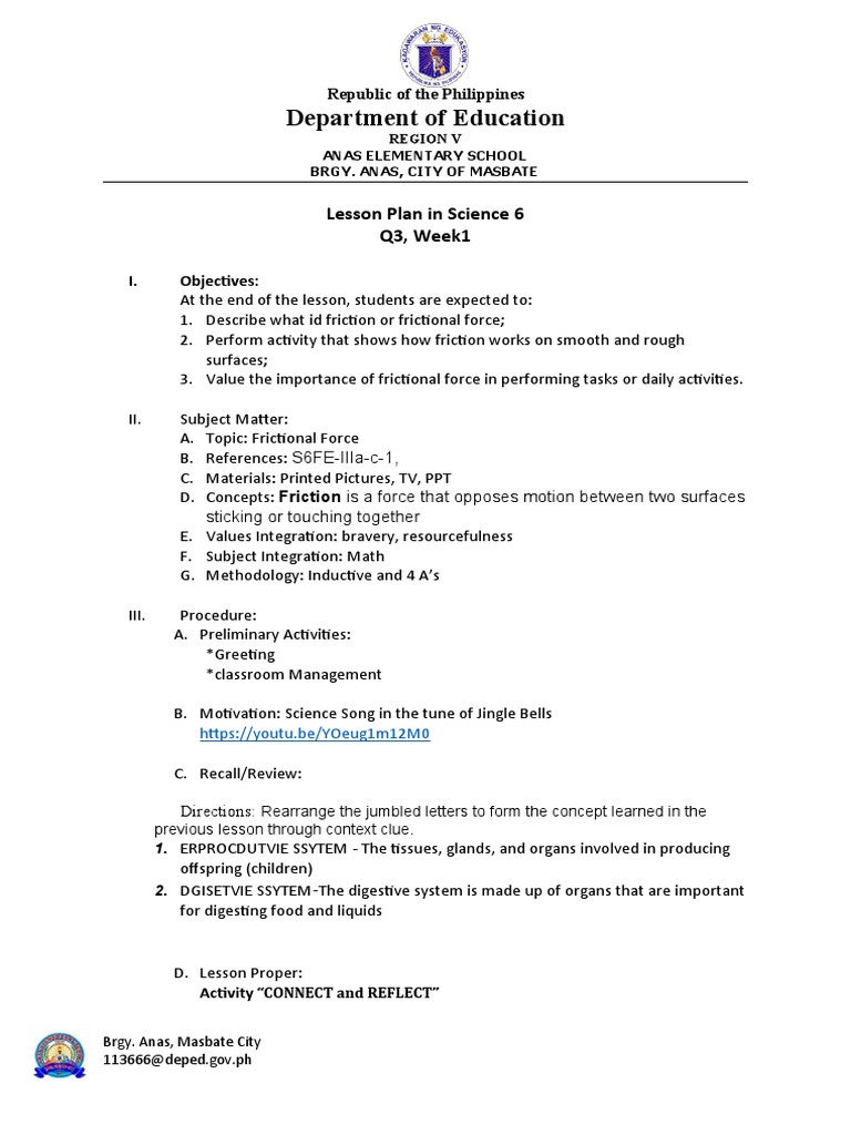 Friction Lesson Plan for Grade 6 | PDF | Friction | Lesson Plan