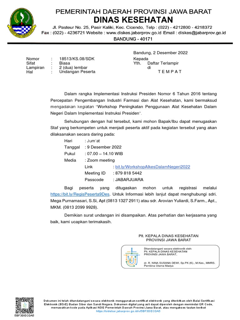 Surat Undangan Peserta Kegiatan Workshop Alkes Dalam Negeri 02122022 152146 Signed-1 | PDF
