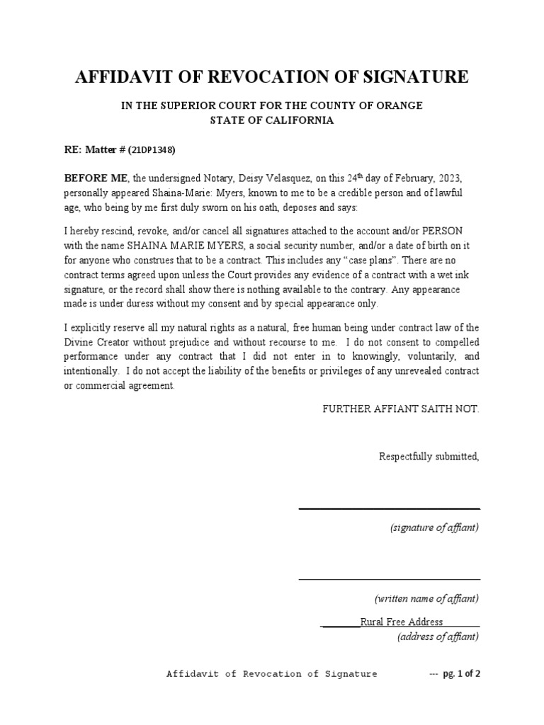 Org - Affidavit of Revocation of Signature | PDF | Affidavit | Document