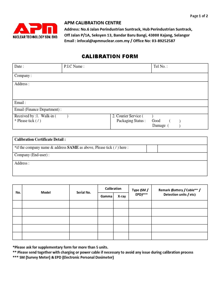 Calibration Form - New | PDF