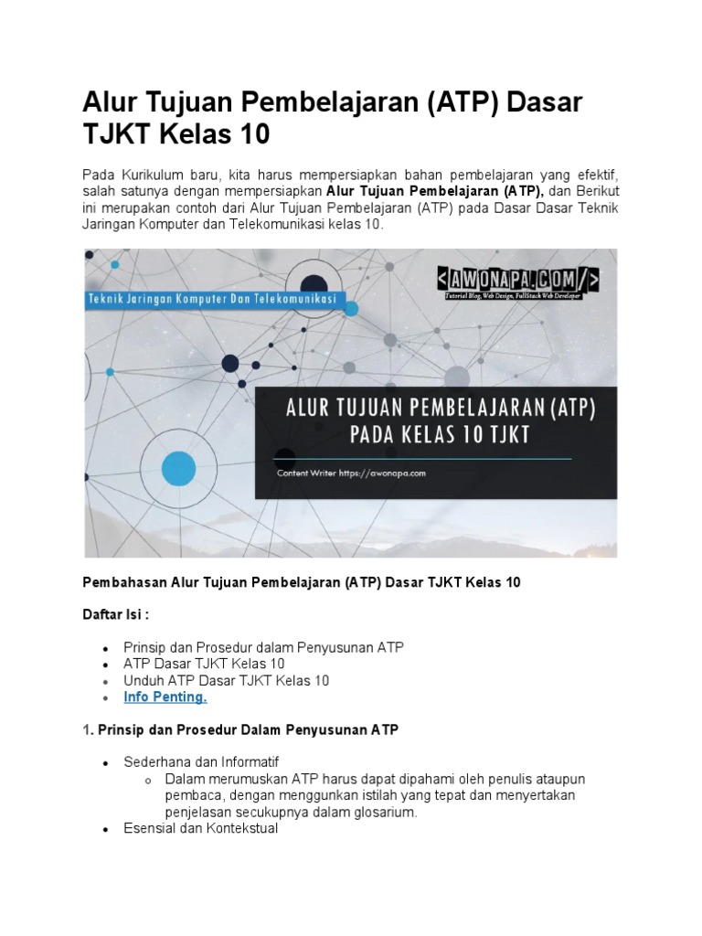 Alur Tujuan Pembelajaran ATP Dasar TJKT Kelas 10 (Copy 3) | PDF