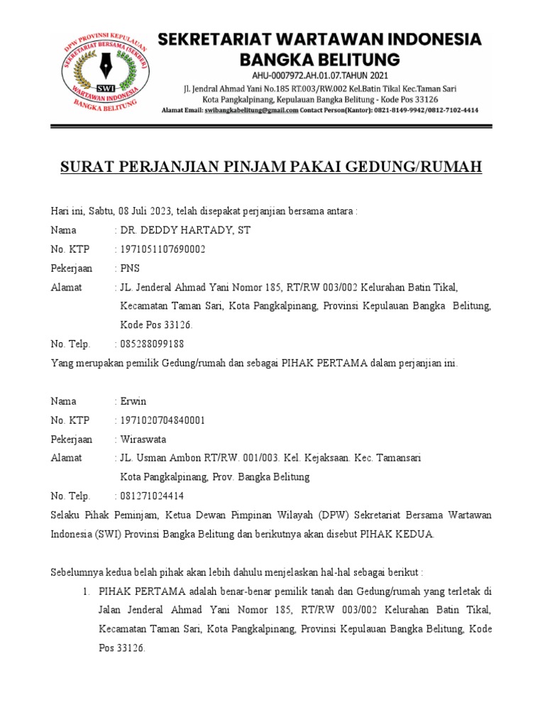 SURAT PERJANJIAN PINJAM PAKAI GEDUNG Revisi | PDF