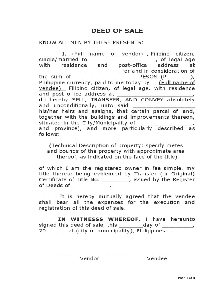 Deed Of Sale Of Registered Land | PDF | Deed | Land Law