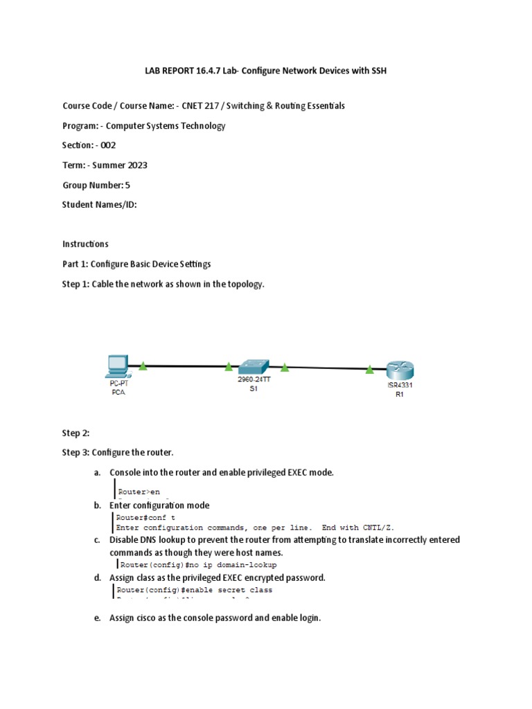 Cisco 16.4.7 Lab - Configure Network Devices With SSH (Answers) | PDF | Secure Shell | Computer ...