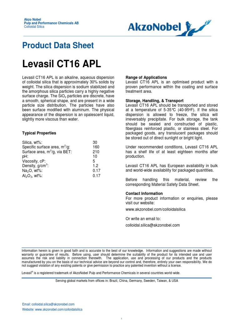 AkzoNobel PDS Levasil CT16 APL | PDF | Silicon Dioxide | Viscosity