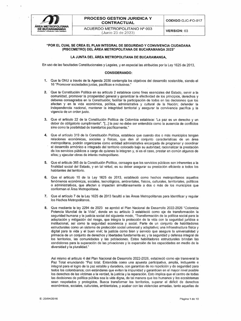 Acuerdo Metropolitano No 003 de 2023 1 | PDF
