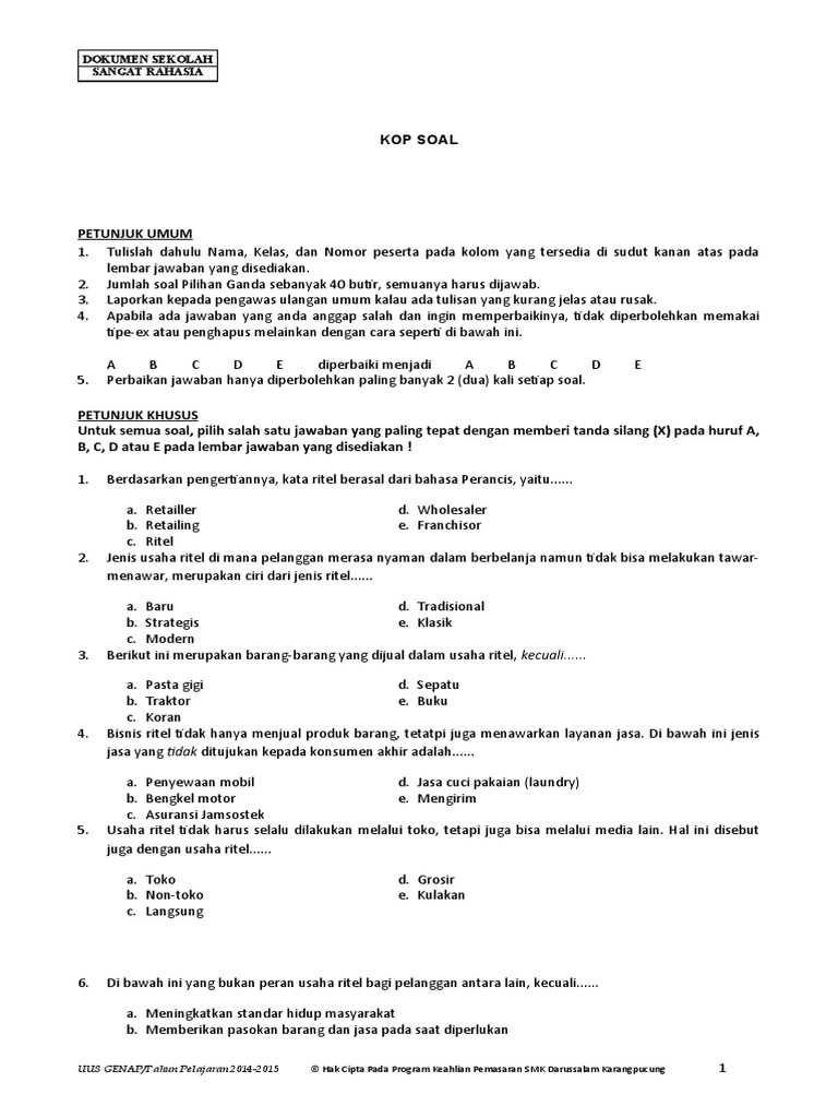Soal Produktif Pas Genap Xi BDP Ritel | PDF