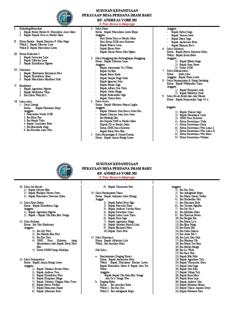 Susunan Kepanitiaan Misa Imam Baru Diakon Arvin SVD | PDF