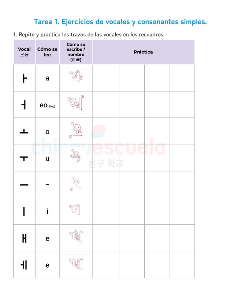 Ejercicios de Vocales y Consonantes Coreanas | PDF | Fonética | Lingüística