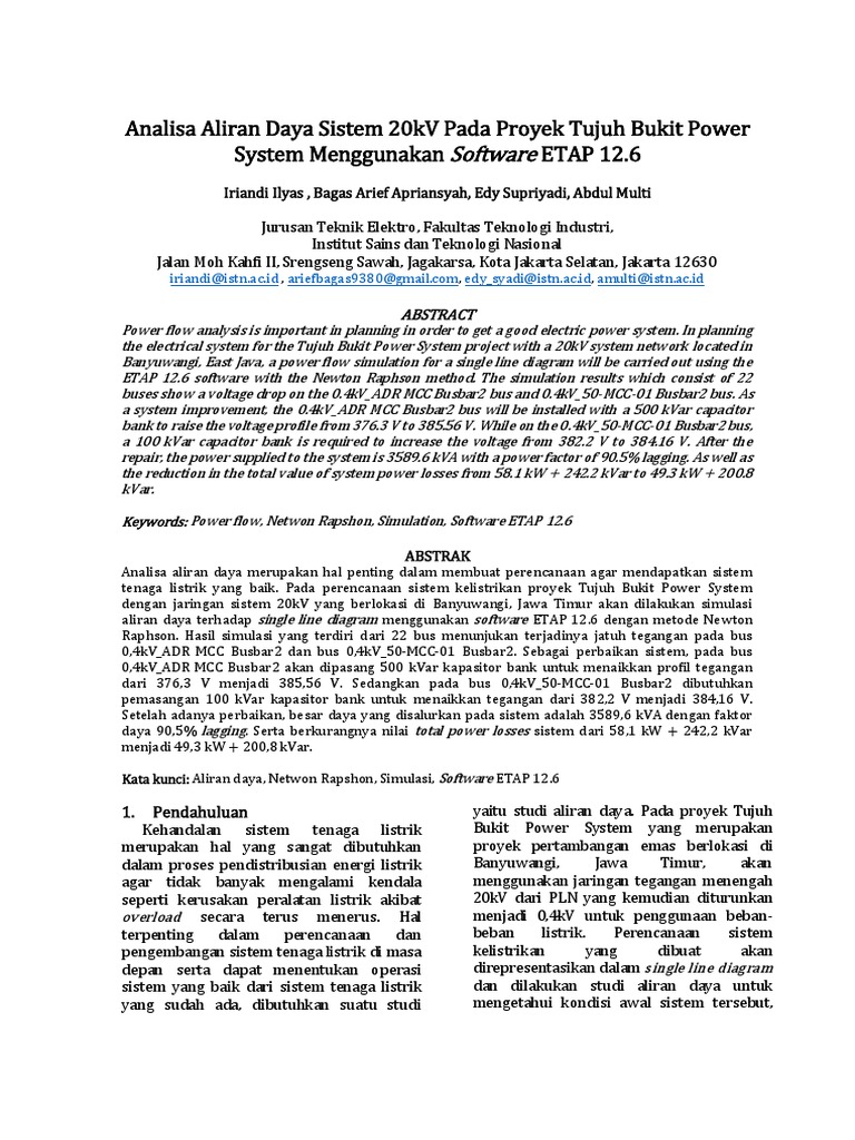 Analisa Aliran Daya Sistem 20kV Pada Proyek Tujuh Bukit Power System Menggunakan ETAP 12.6 | PDF