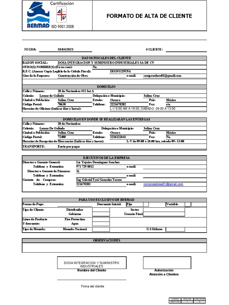 Formato Alta Cliente Bermad | PDF | Industrias de servicio