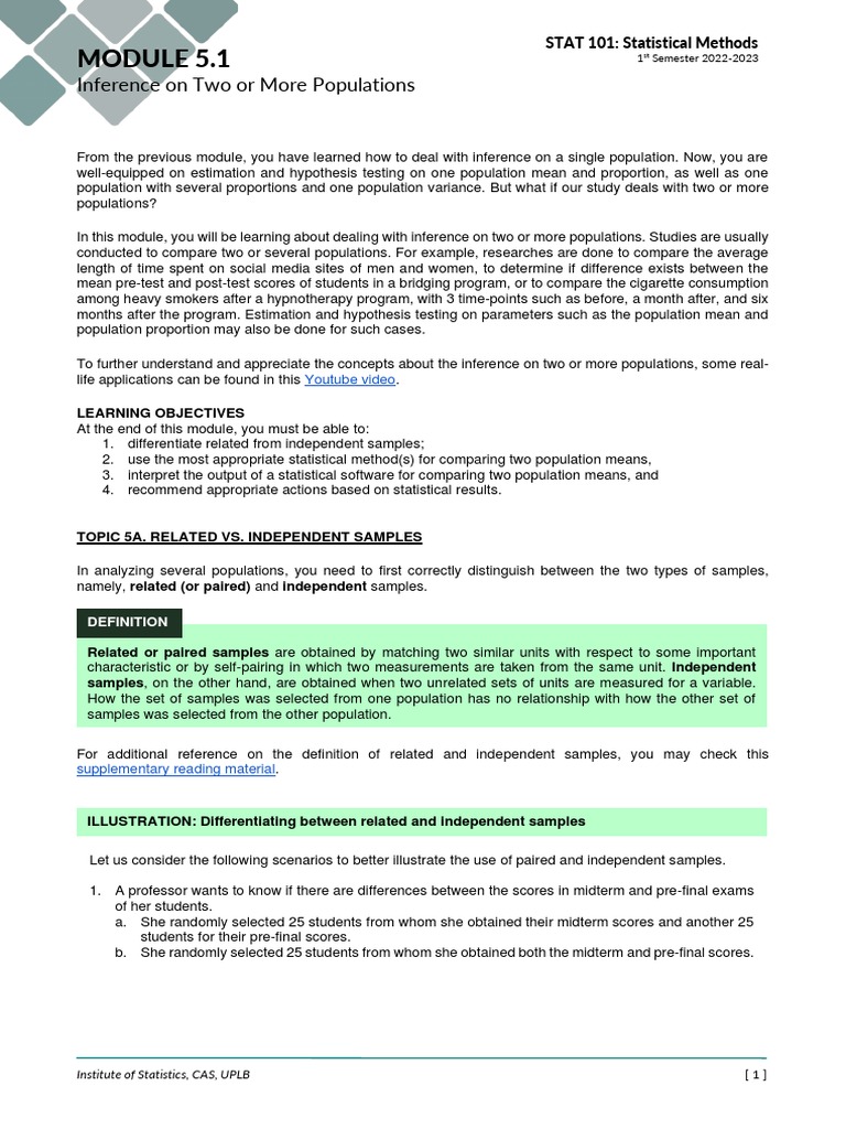 STAT 101 Module Handout 5.1 | PDF | Student's T Test | Mann–Whitney U Test