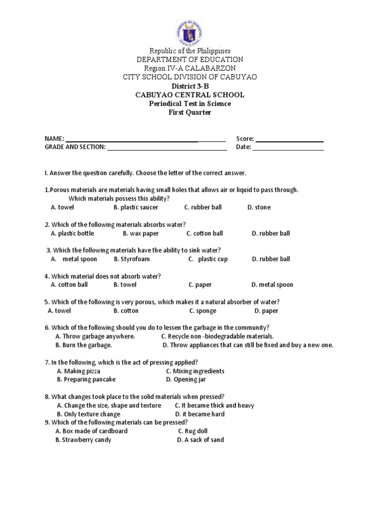 Periodical Test in Science 4 Q1 | PDF | Water | Wood