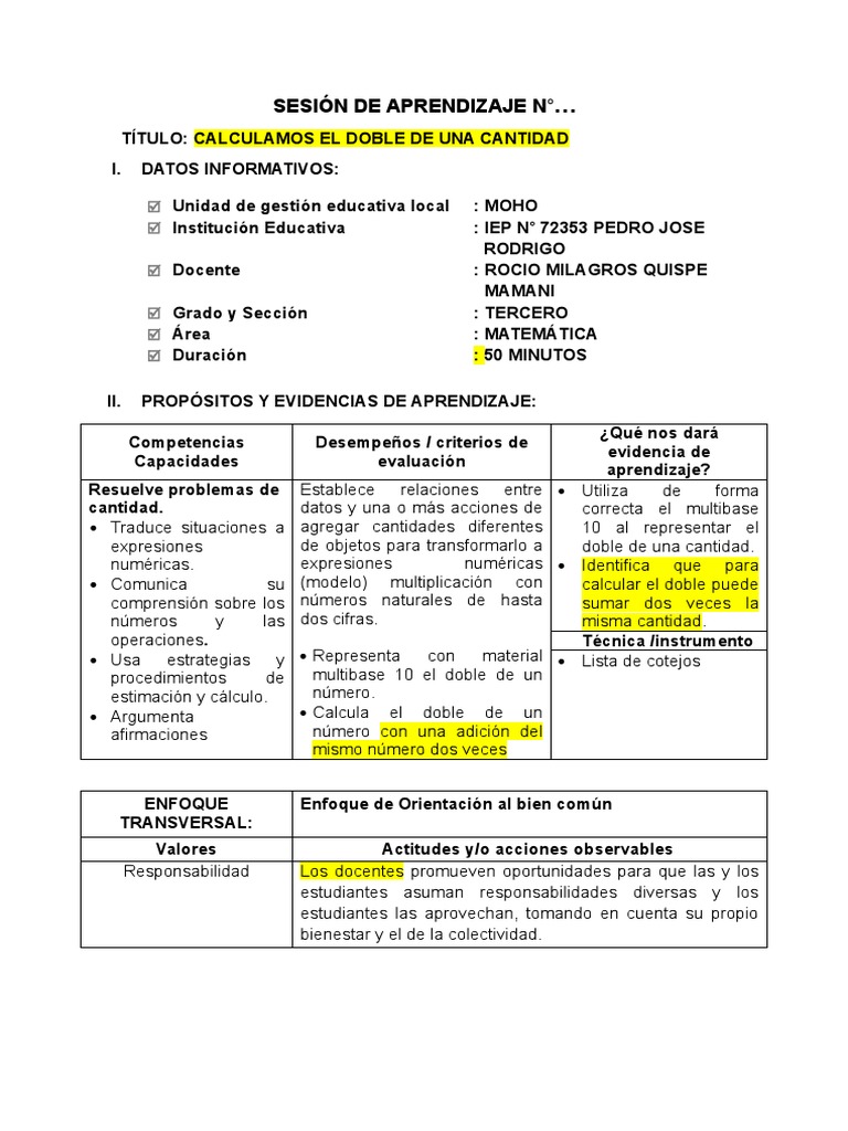 Sesión de Aprendizaje El Doble-Sumando | PDF | Aprendizaje | Evaluación