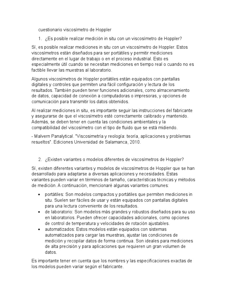 Cuestionario Viscosímetro de Hoppler | PDF