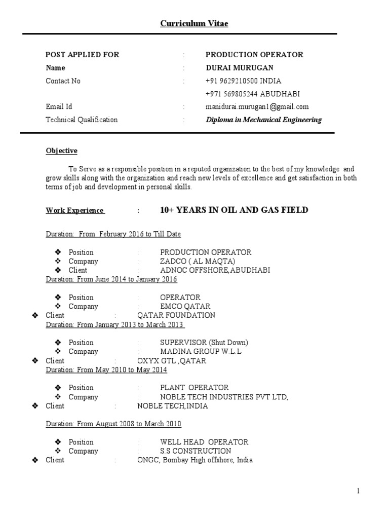 Production Operator CV - Durai Murugan | PDF | Pump | Boiler