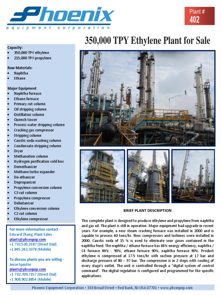 Ethylene Plant for Sale: 350,000 TPY | PDF | Cracking (Chemistry ...