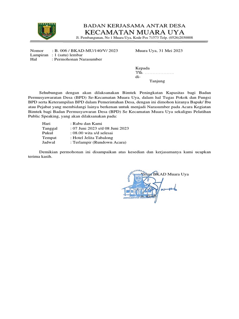 Permohonan Narasumber BIMTEK BPD | PDF