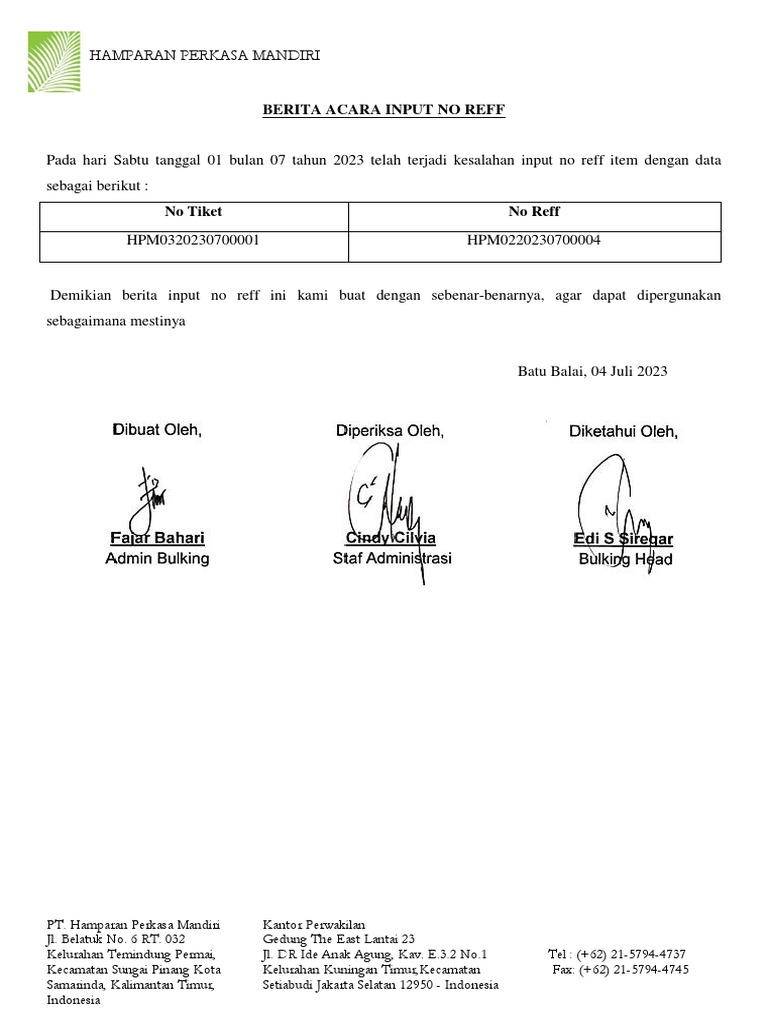 Berita Acara Kesalahan Input No Reff | PDF