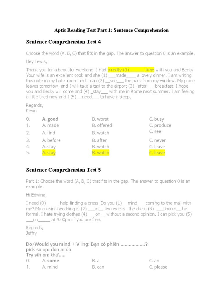 Aptis Reading Test Part 1 Day 2 | PDF
