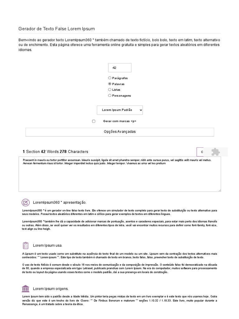 Gerador de Texto False Lorem Ipsum: 1 Section 42 Words 278 Characters ...