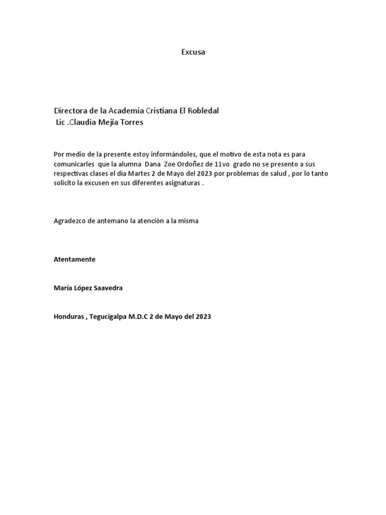 Excusa por Ausencia Escolar | PDF