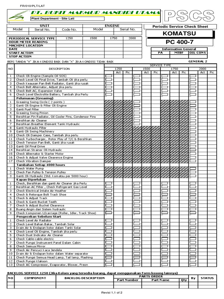 0010 - Check Sheet PS PC400-7 KOMATSU 2 | PDF | Belt (Mechanical) | Engines