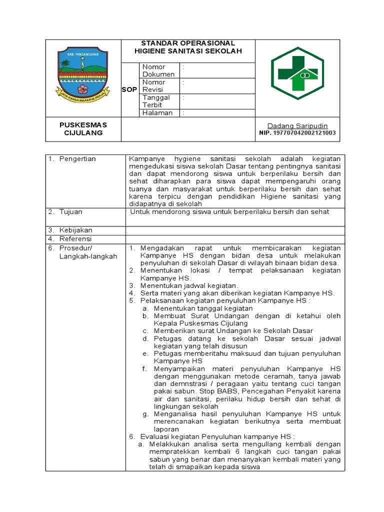 SOP Hygiene Sanitasi Sekolah Dasar | PDF