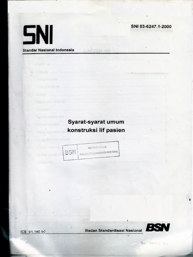 SNI 03-6247.1-2000 Syarat Umum Konstruksi Lift Pasien | PDF