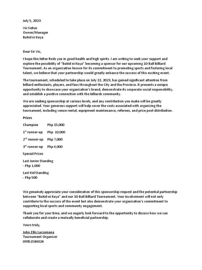 Sponsorship Request for 10-Ball Tournament | PDF