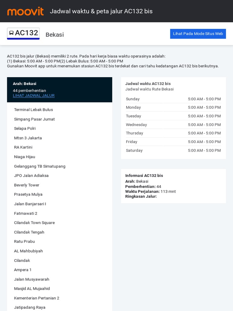 Bekasi: Jadwal Waktu & Peta Jalur AC132 Bis | PDF