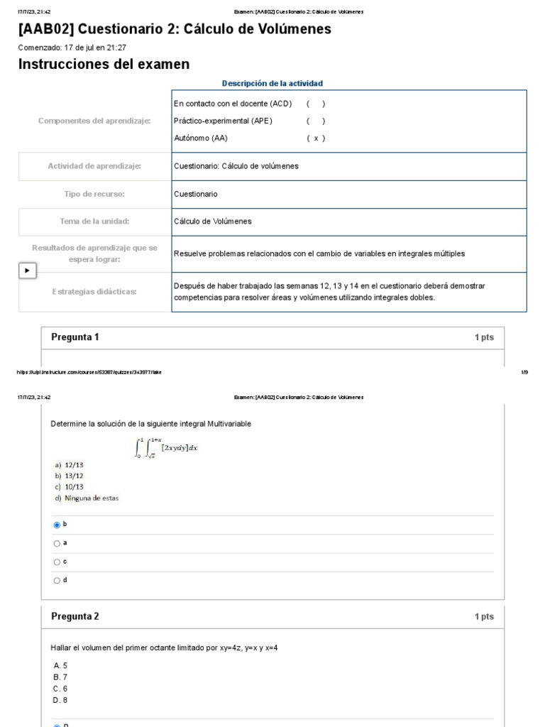 Examen - (AAB02) Cuestionario 2 - Cálculo de Volúmenes | PDF | Integral | Zona