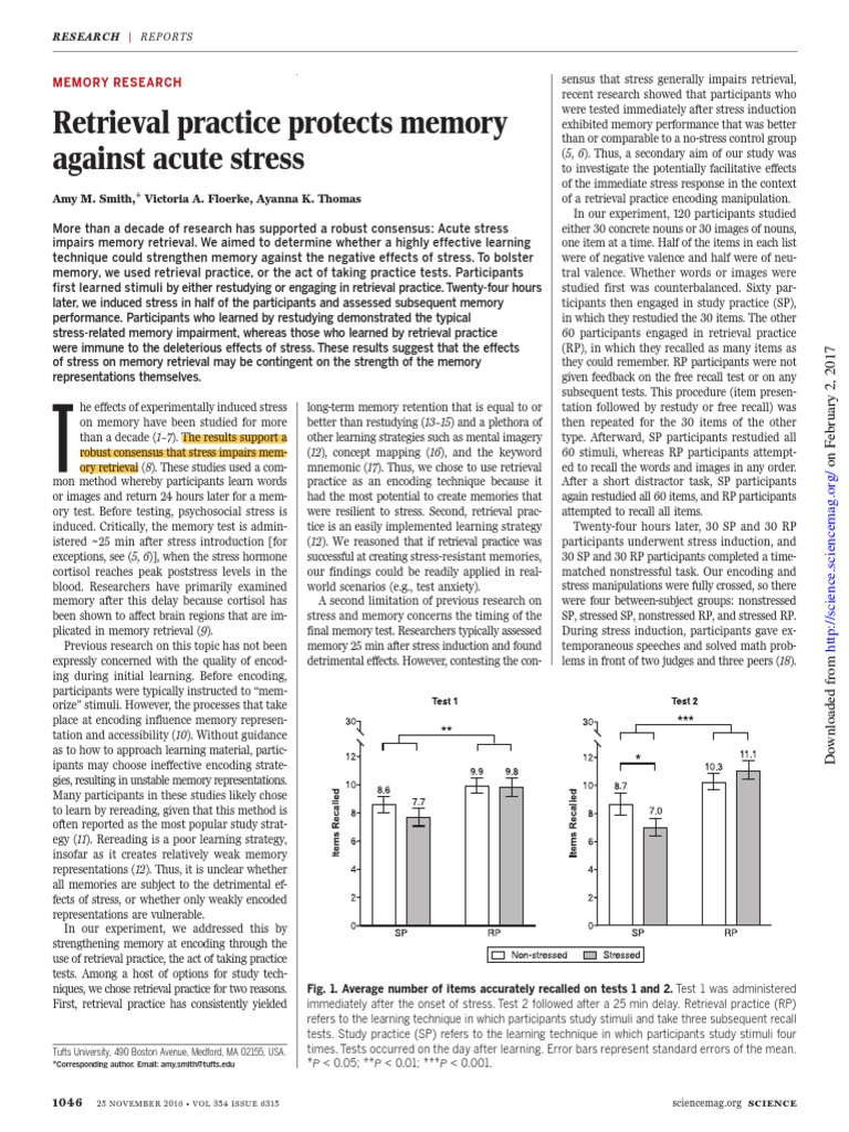 Retrieval Practice Protects Memory Against Acute Stress | PDF | Recall ...